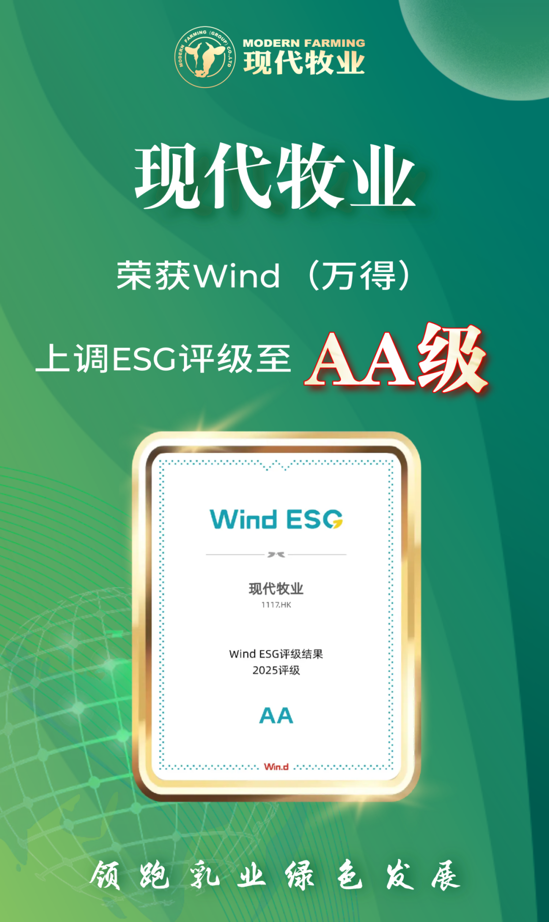 现代牧业(01117)荣获Wind上调ESG评级至AA级 领跑乳业绿色发展